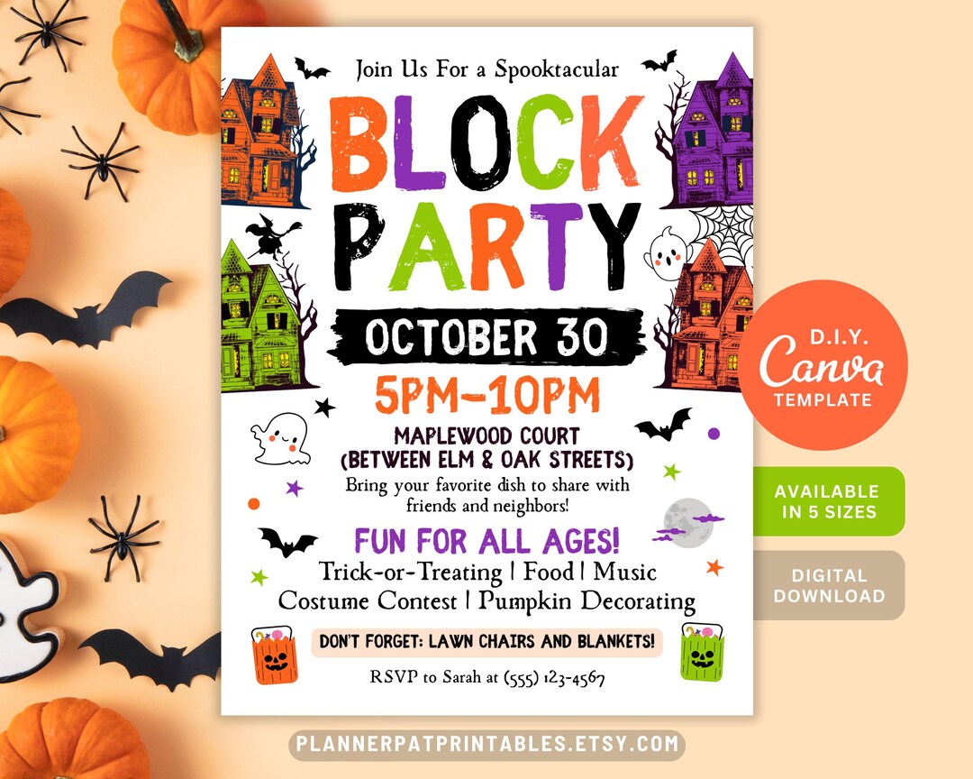 Halloween Block Party Flyer Template: Editable Neighborhood Invitation ...