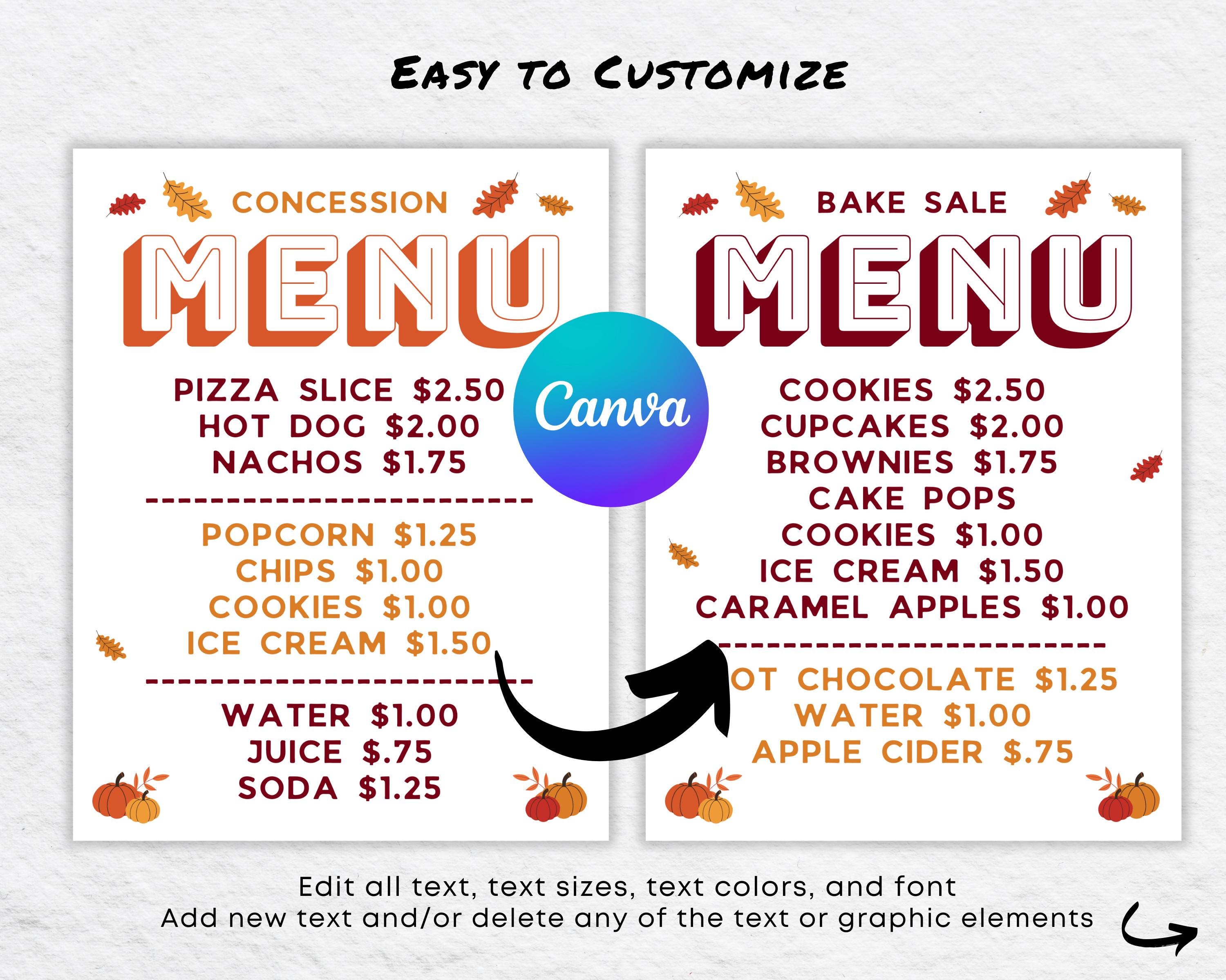 Editable Fall Concession Stand Menu Template: Printable Sign (canva ...