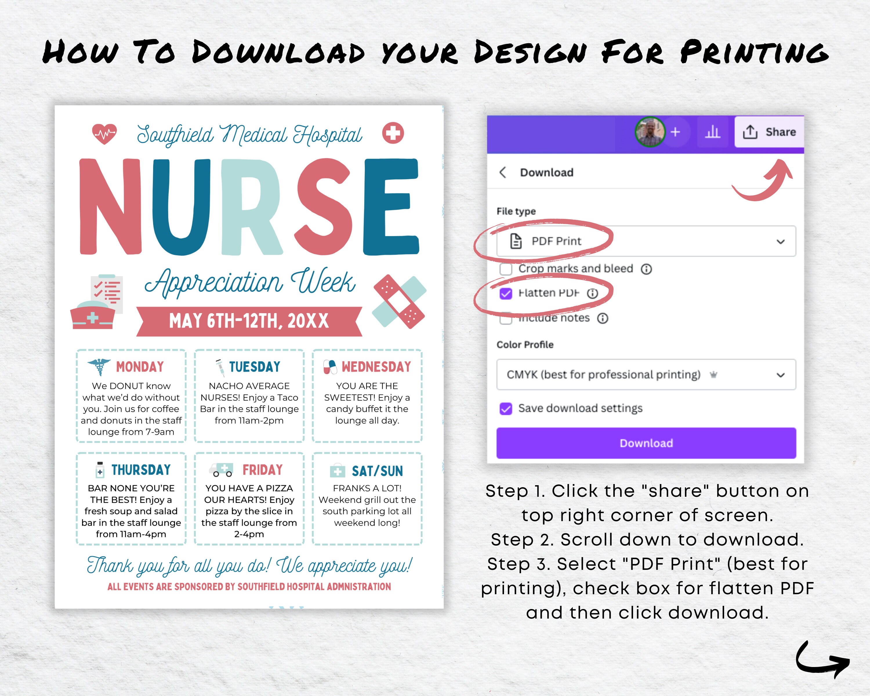Editable Nurse Appreciation Week Flyer | Nursing Itinerary Template ...