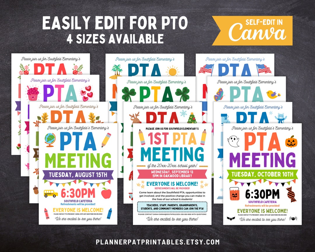 Editable PTO PTA Meeting Flyer Bundle | Seasonal Canva Templates for ...