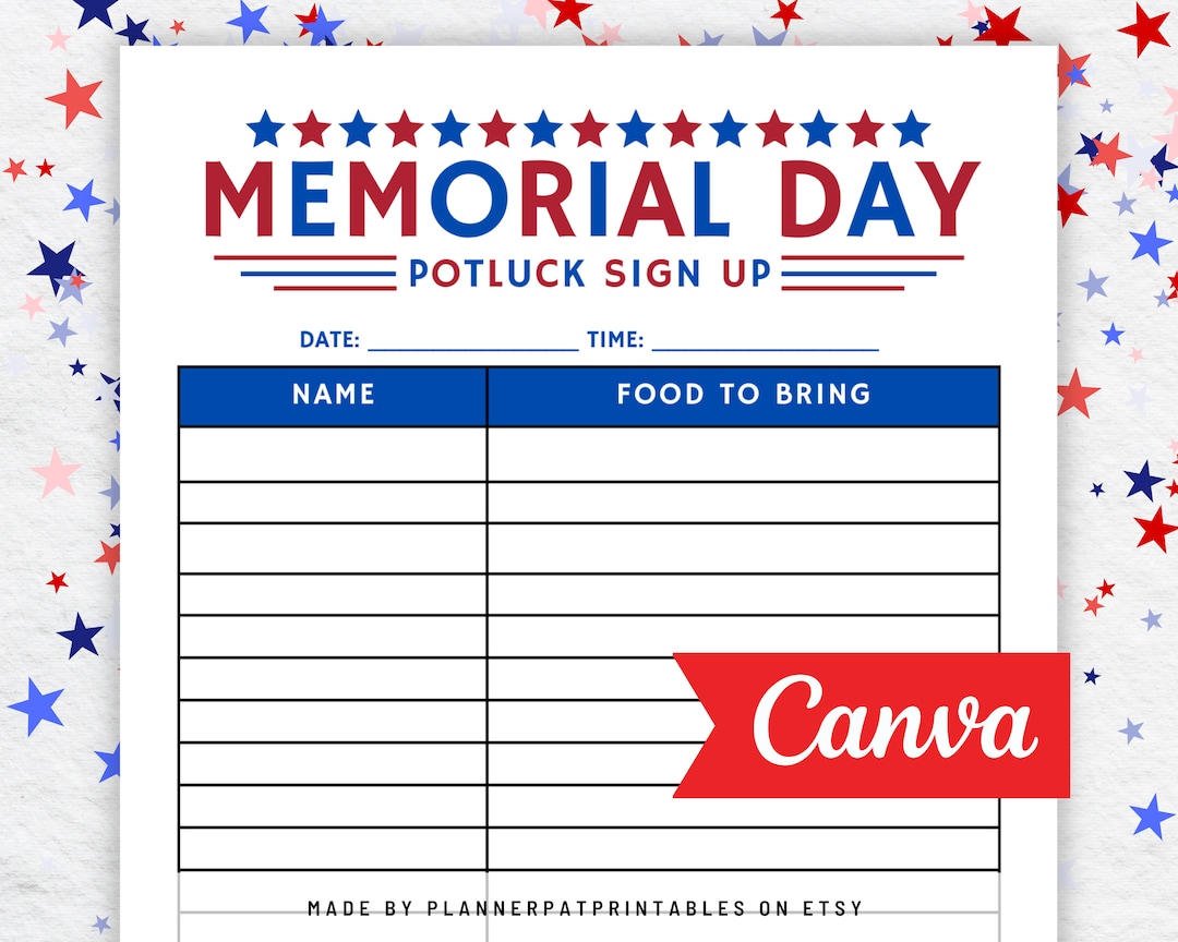 Memorial Day Potluck Sign Up Sheet Canva Template Digital Download
