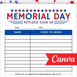Memorial Day Potluck Sign up Sheet: Canva Template (digital Download ...