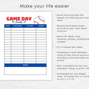 Baseball Snack Schedule Sign up Sheet Editable Canva Template Printable ...