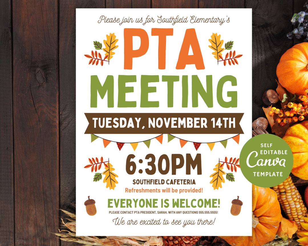 PTA Meeting Flyer Template, Editable Thanksgiving Invitation (canva ...