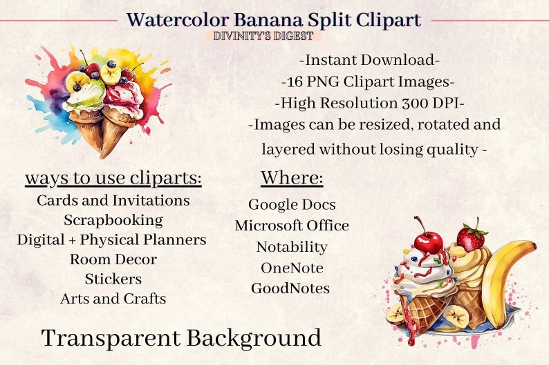 Watercolor Banana Split Clipart || 16 Digital PNG Images, Instant ...