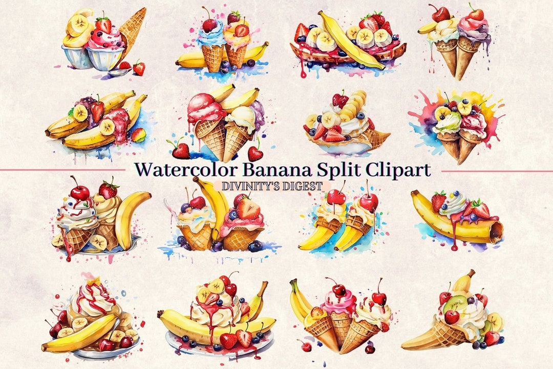 Watercolor Banana Split Clipart || 16 Digital PNG Images, Instant ...