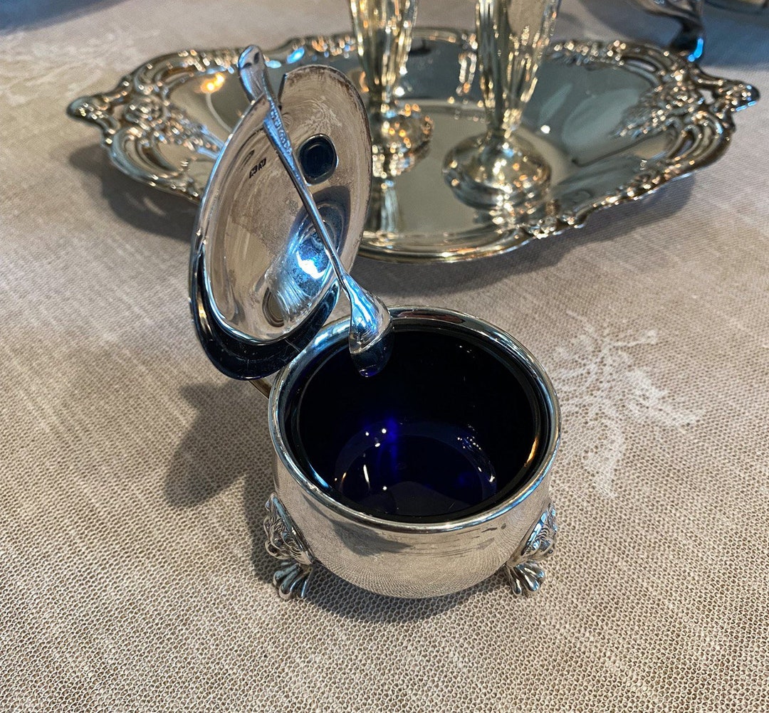 Silver Plate & Cobalt Blue Glass Salt Cellars With Spoon and Lid - Etsy