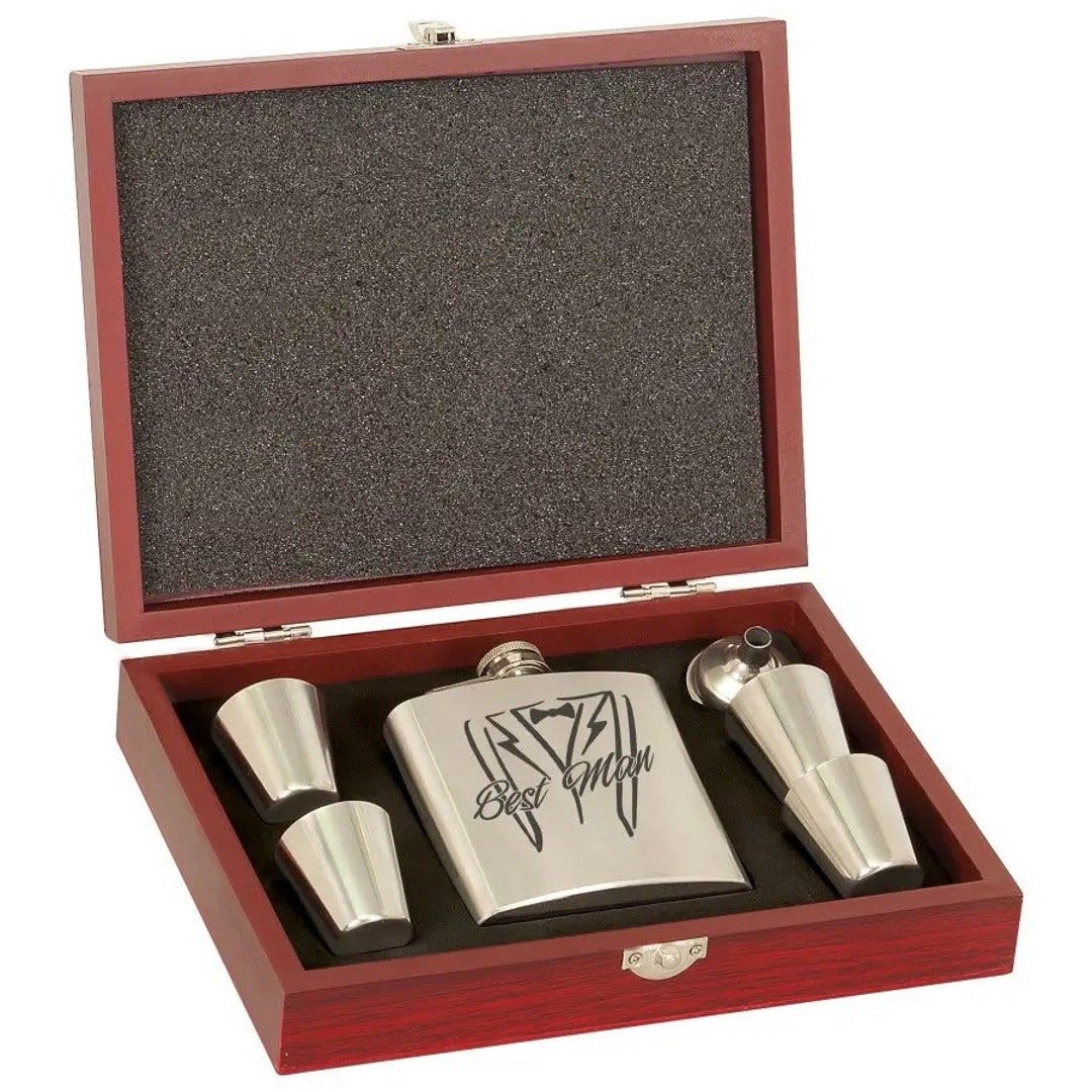 6 Oz. Stainless Steel Flask Set in Wood or Leather Wrapped Presentation ...