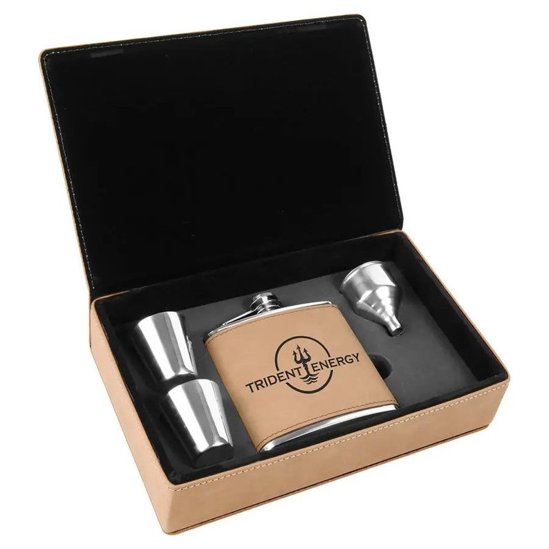 6 Oz. Stainless Steel Flask Set in Wood or Leather Wrapped Presentation ...