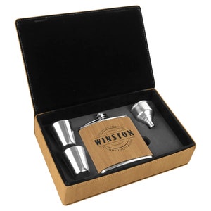 6 Oz. Stainless Steel Flask Set in Wood or Leather Wrapped Presentation ...