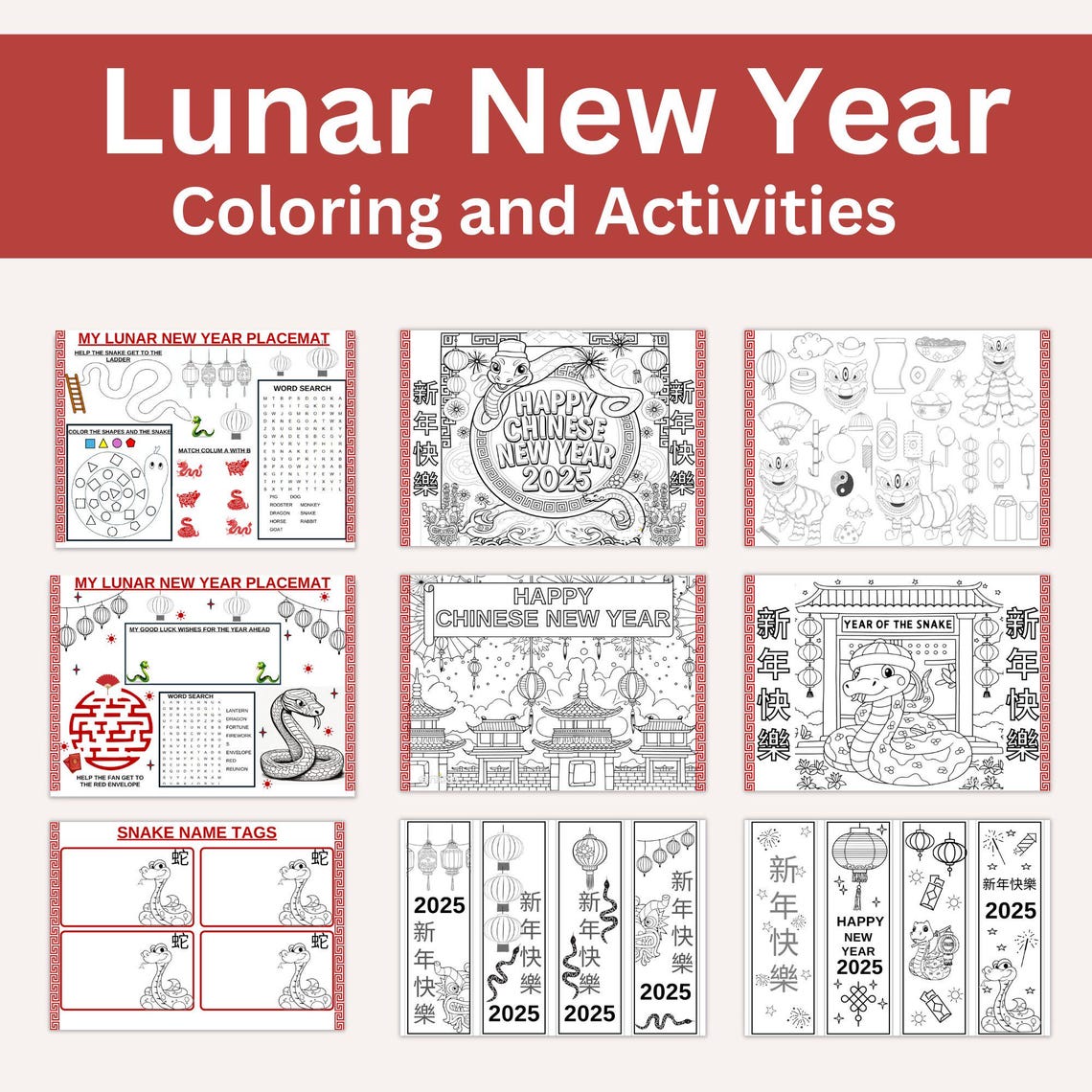 2025 Year of the Snake Chinese Lunar New Year Printable Activity Bundle ...