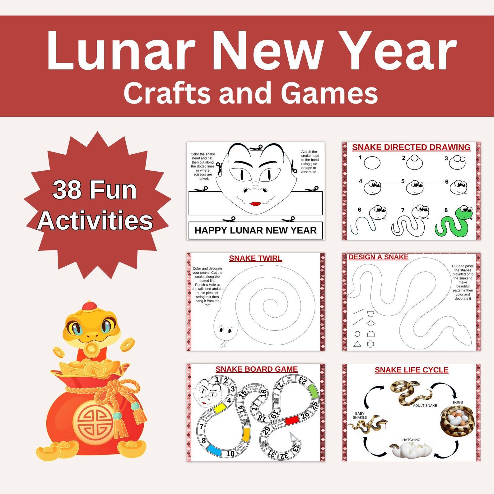 2025 Year of the Snake Chinese Lunar New Year Printable Activity Bundle ...