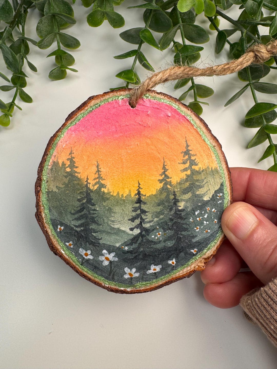 Hand Painted Wood Slice Ornament, Sunset and Trees, Watercolor Painting ...