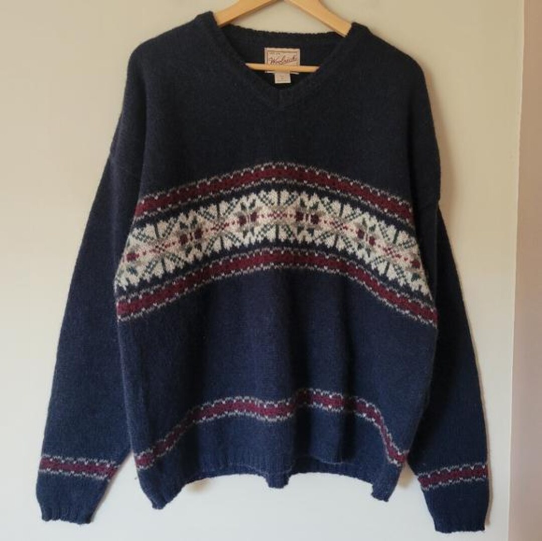 Vintage Woolrich Men's Wool Blend Knit Fair Isle Navy V- Neck Sweater ...