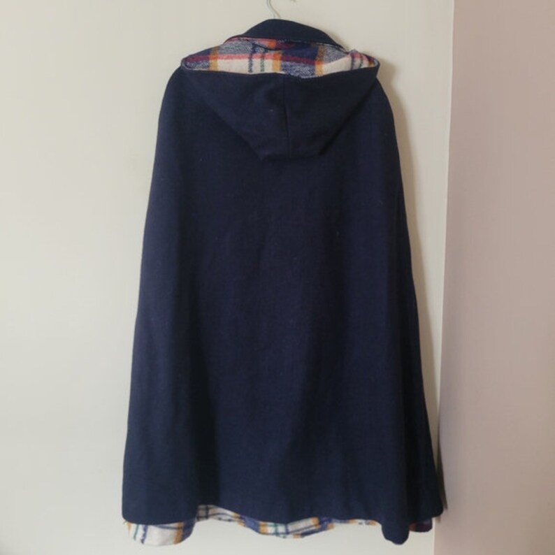 Vintage Navy Long Wool Blend Hooded Cape Coat Cloak With Plaid Blanket ...
