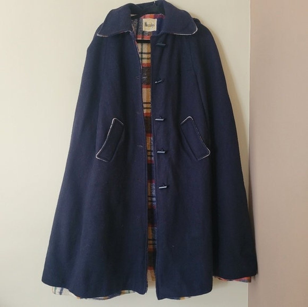 Vintage Navy Long Wool Blend Hooded Cape Coat Cloak With Plaid Blanket ...