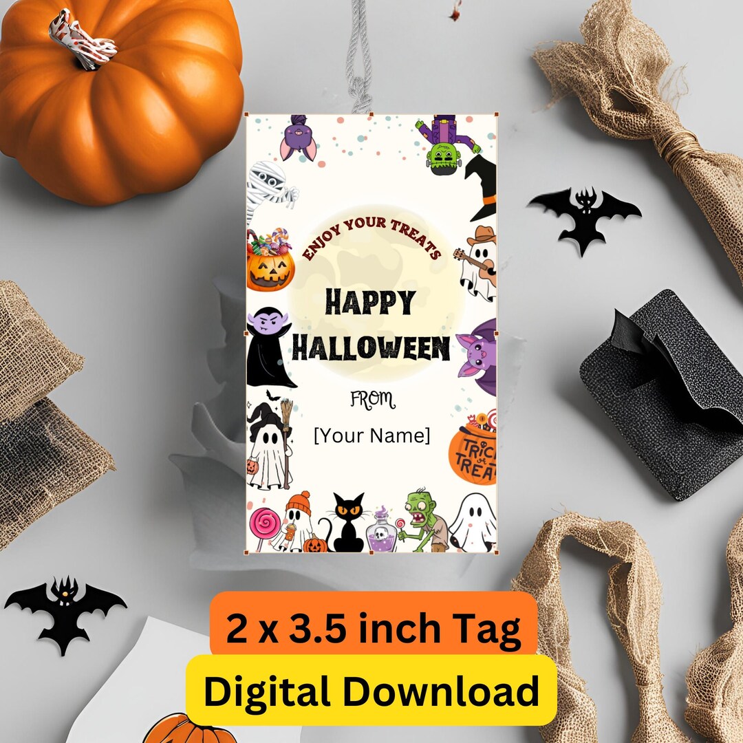 Editable Cute Spooky Monsters Halloween Party Favor Tag for Kids White ...