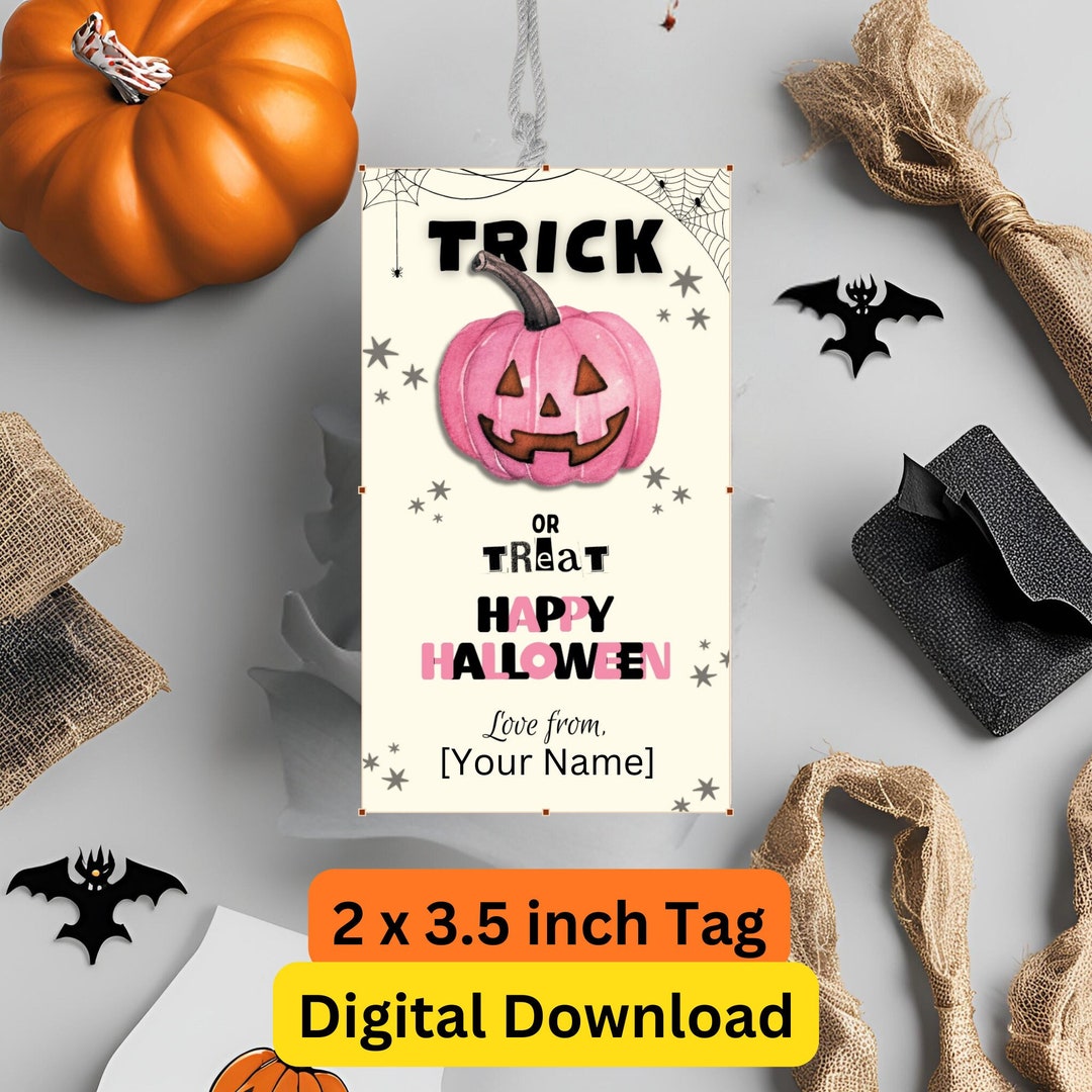 Editable Pink Pumpkin Halloween Treat Tag Trick or Treat Pink & Black ...
