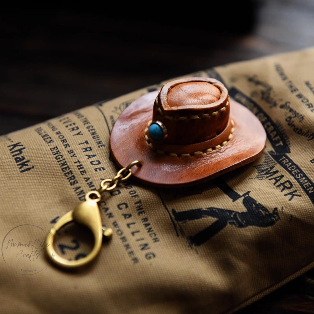 Handmade Leather Cowboy Hat Keychain: Western Charm With Turquoise - Etsy