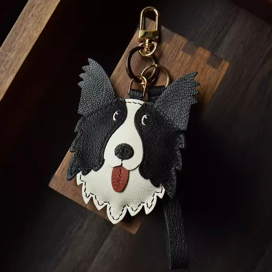 Border Collie Genuine Leather Handmade Car Keychain Clasps Leather Key ...
