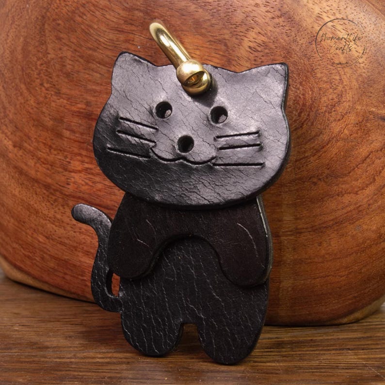 Handcrafted Leather Cat Keychain: Animal Lover Gift - Etsy