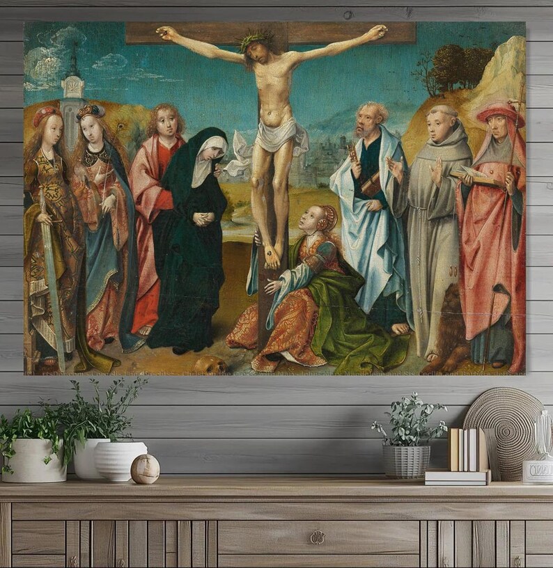 Digital Scene Crucifixion Virgin Mary Saints John Mary Magdalene Cecilia Barbara Peter Francis ...