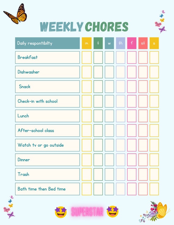 Digital Print Weekly Chores Planner for Kids After School - Etsy