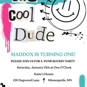 One Cool Dude First Birthday Party Invitation Punk Rock Awesome ...