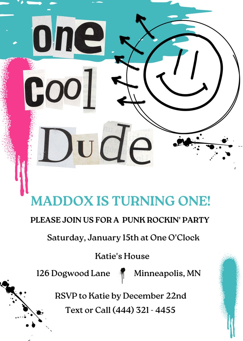 One Cool Dude First Birthday Party Invitation Punk Rock - Etsy