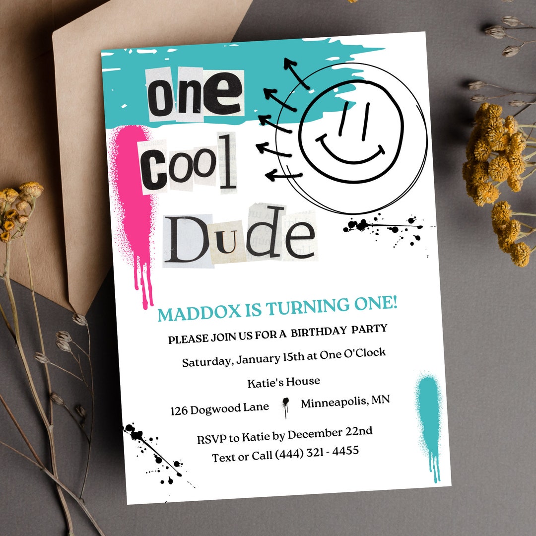 One Cool Dude First Birthday Party Invitation Punk Rock Awesome ...