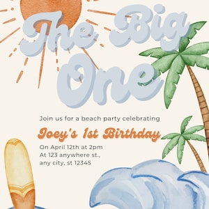 Editable the Big One First Birthday Party Invitation Boy Girl Retro ...