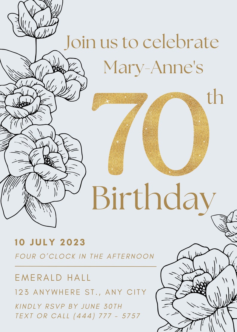 70th Birthday Party Digital Instant Download Invitation Editable Roses ...
