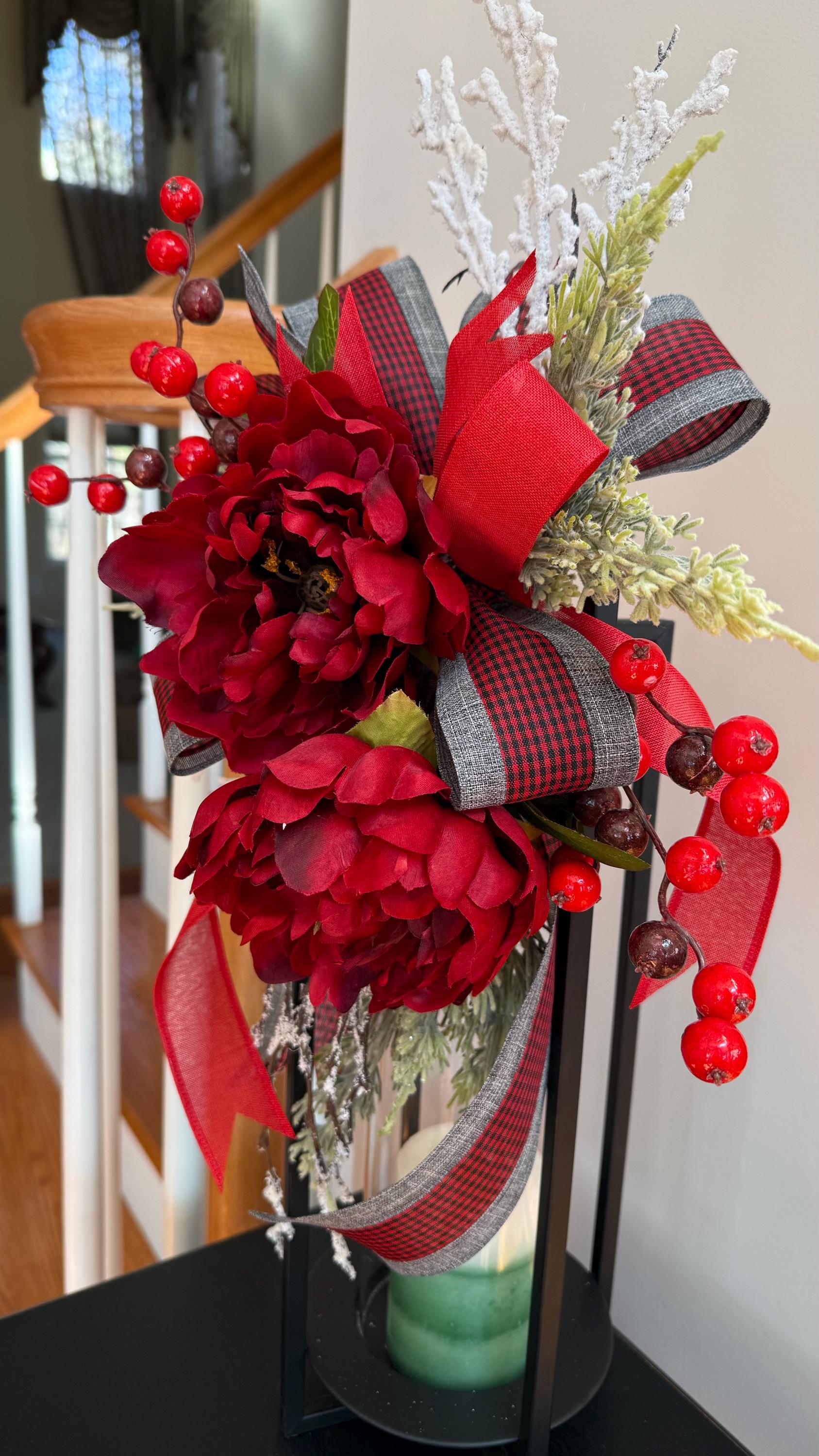 Winter Lantern Swag: Topper With Red Flowers, Berries and Ribbon Bow - Etsy