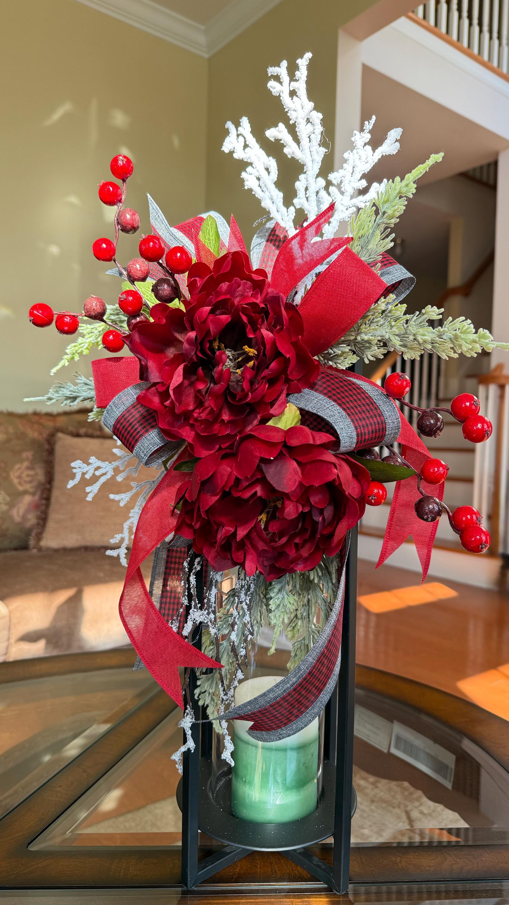 Winter Lantern Swag: Topper With Red Flowers, Berries and Ribbon Bow - Etsy