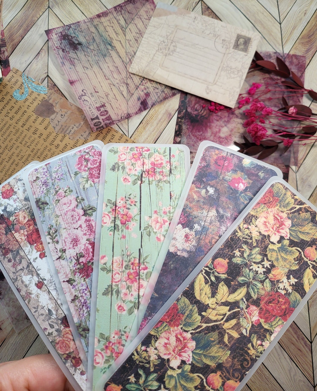 Vintage Bookmark Matte Laminated , Floral Doble Side Bookmark, Set of 2 ...