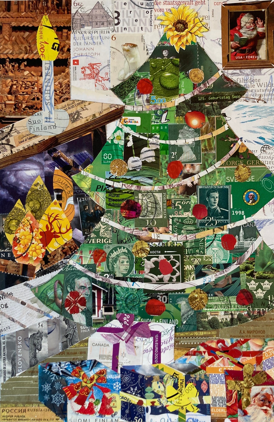 Christmas Tree Collage Postcard: Postage Stamp Art - Etsy