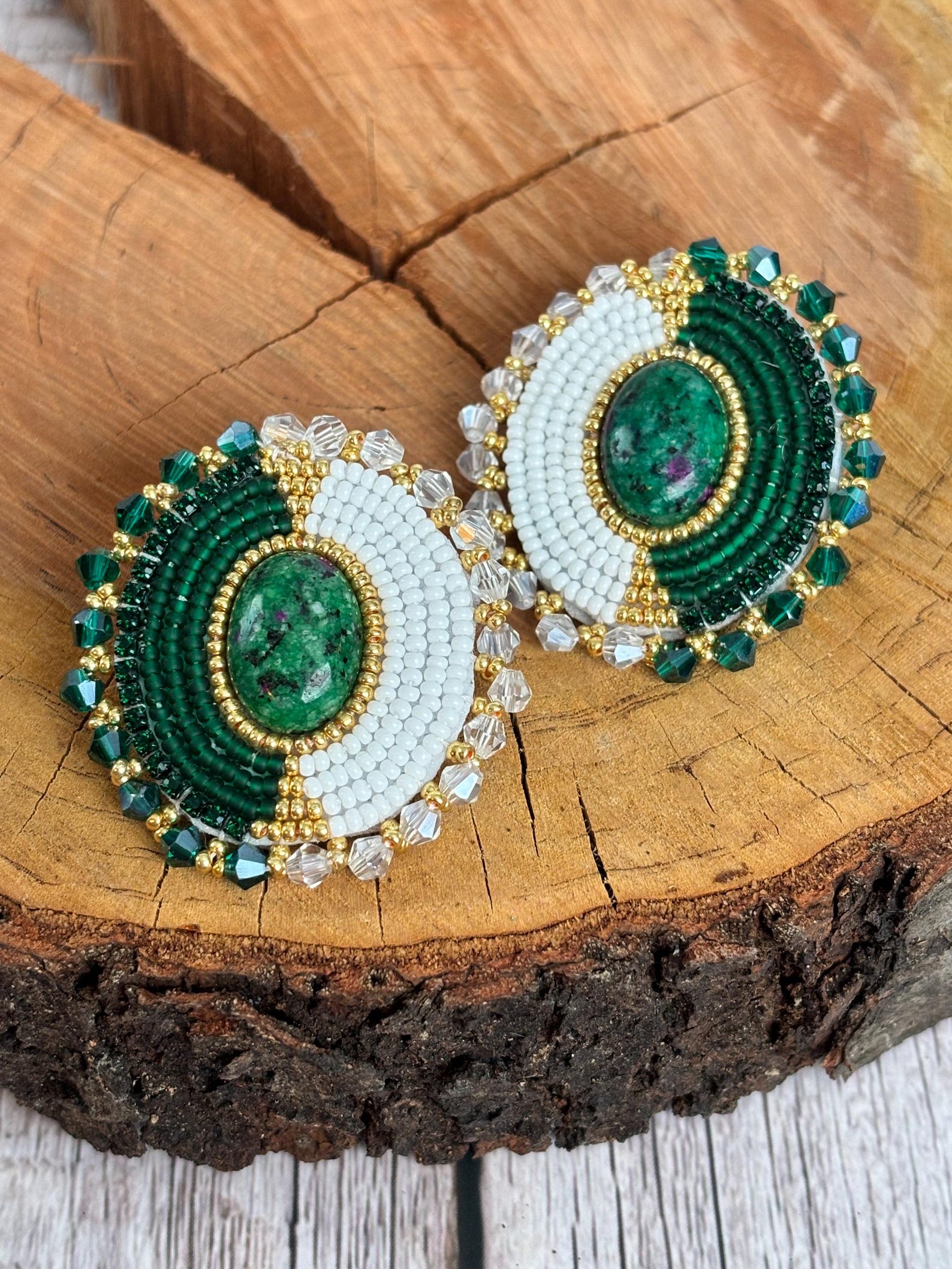 Green Sea Sediment Jasper and Emerald Rhinestone Beaded Stud Earrings ...
