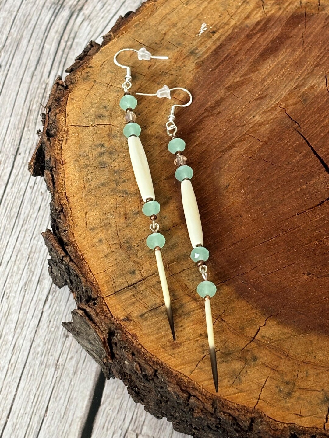Buffalo Bone Hairpipe Quill and Sage Green Beaded Dangle Earrings - Etsy
