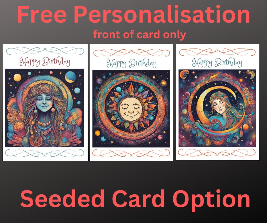 Hippie Boho Happy Birthday Card Personalised & Seeded Option Wiccan Pagan Fantasy Art Coven ...