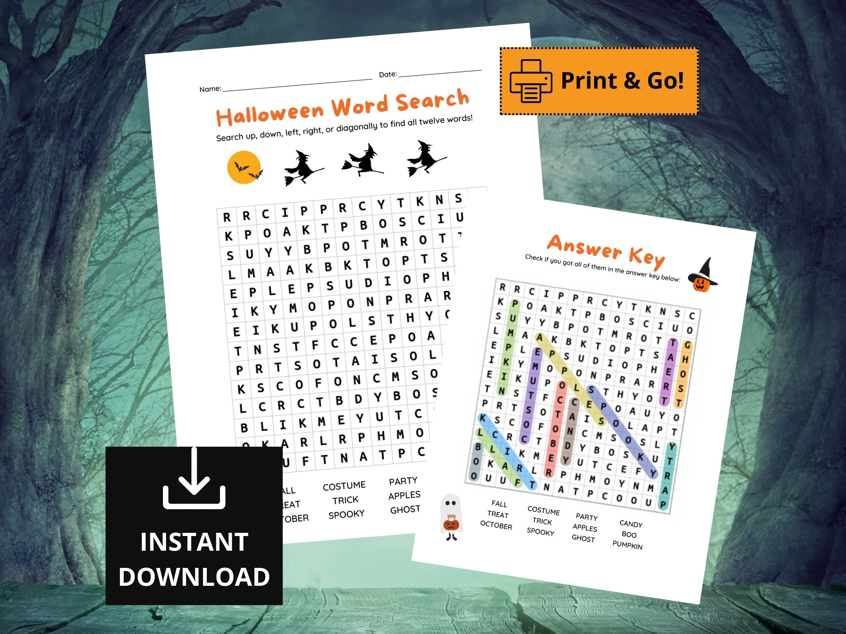 Halloween Word Search, Word Search Answer Key, Word Search PDF, Word ...