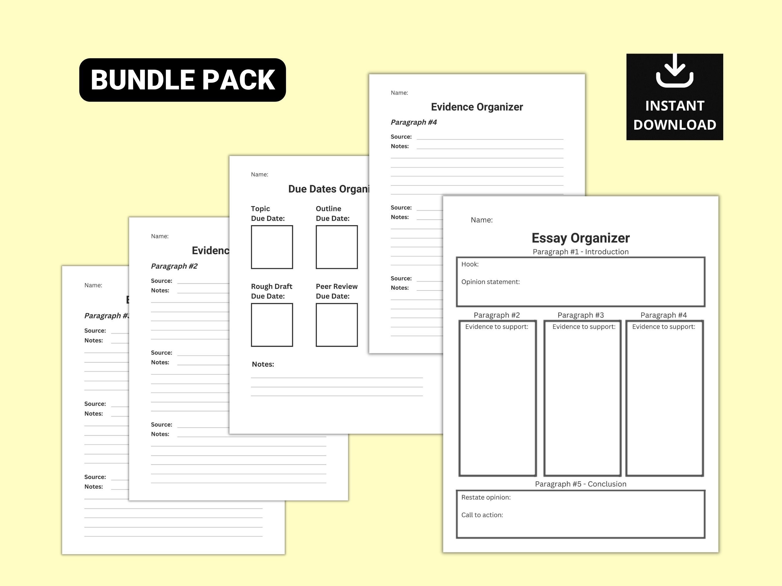 5 Pg Essay Planner Printable BUNDLE for Students, Essay Writing ...