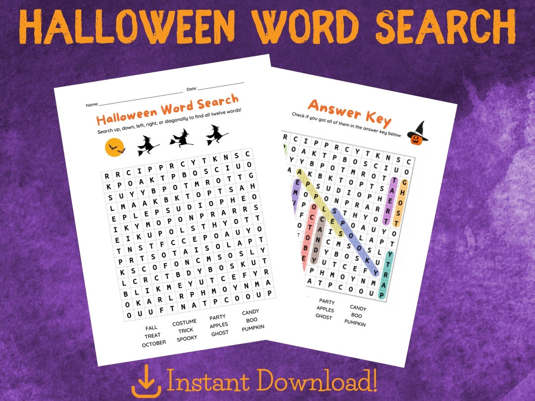 Halloween Word Search, Word Search Answer Key, Word Search PDF, Word ...