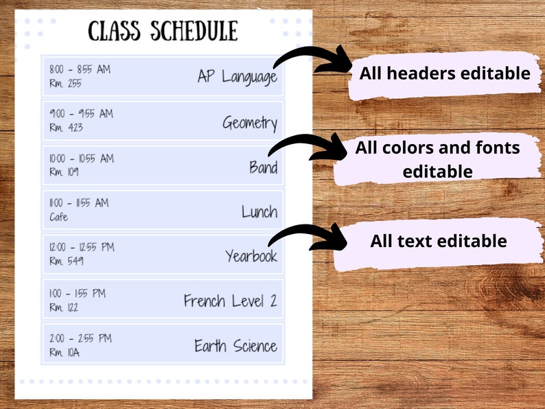 Editable Class Schedule, Customizable Teacher Schedule, Class Planner ...