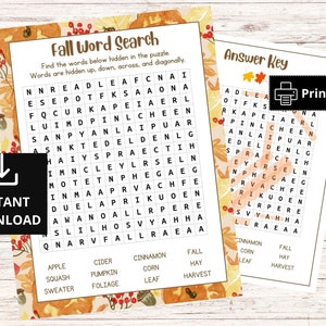 Fall Word Search, Word Search With Answer Key, Printable Fall Game ...
