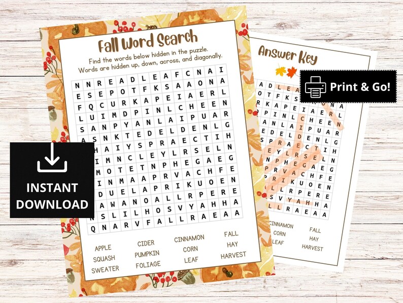 Fall Word Search, Word Search With Answer Key, Printable Fall Game ...