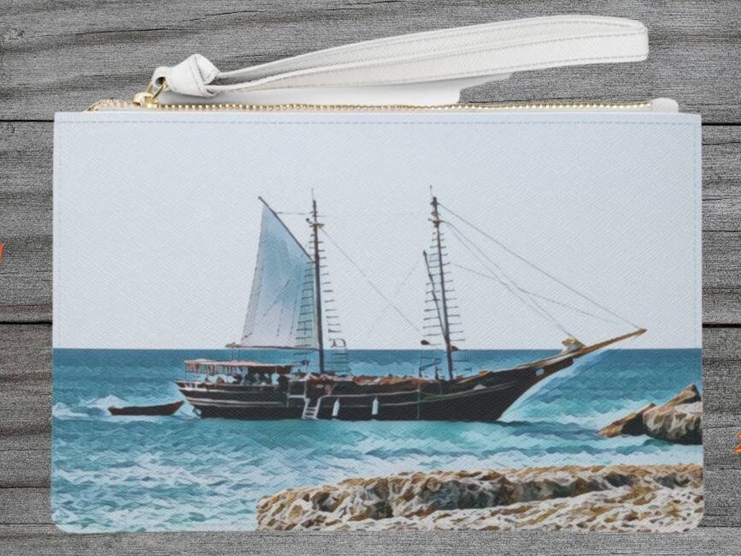 Aruba Pirate Ship Clutch Bag, Caribbean Beach Purse, Vegan Faux Leather ...