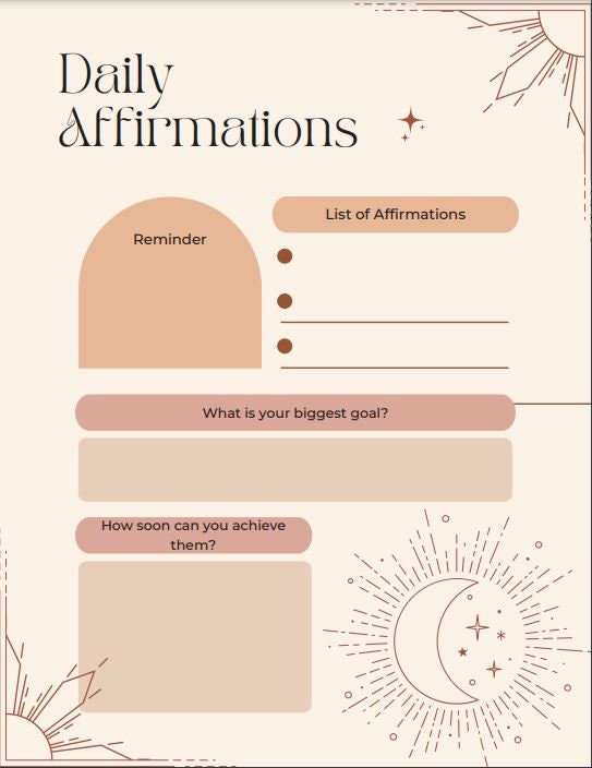 Daily Affirmations Digital Download, One Page Digital Download, Digital ...