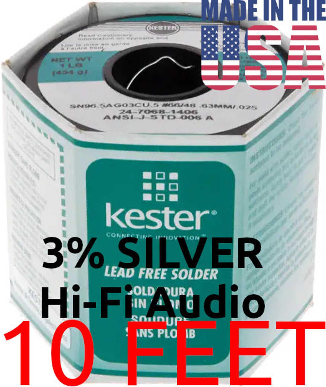 Genuine KESTER Solder 3% SILVER .025" (0.6mm) Hifi-audio Lead-free 10 ...