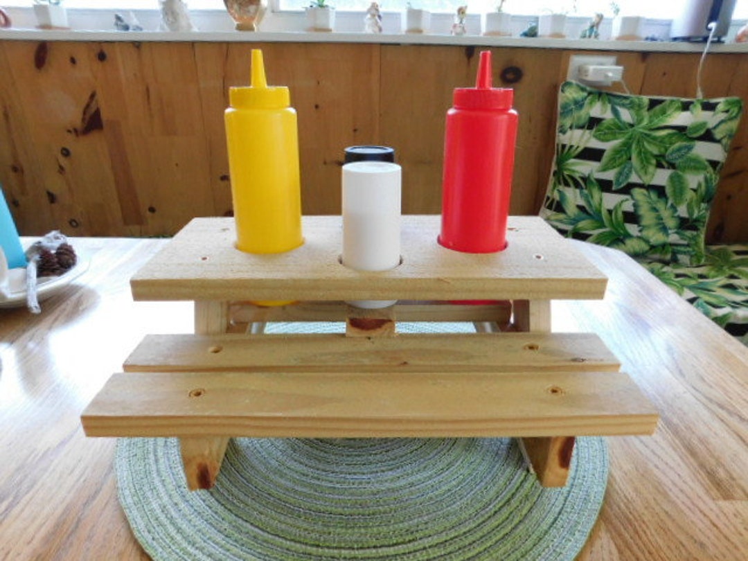 Wood Picnic Table Condiment Holder Complete With Salt, Pepper, Mustard ...