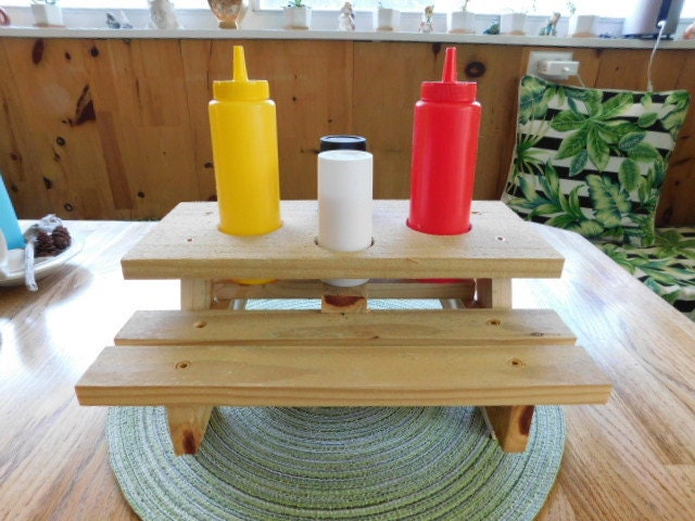 Wood Picnic Table Condiment Holder Complete With Salt, Pepper, Mustard ...